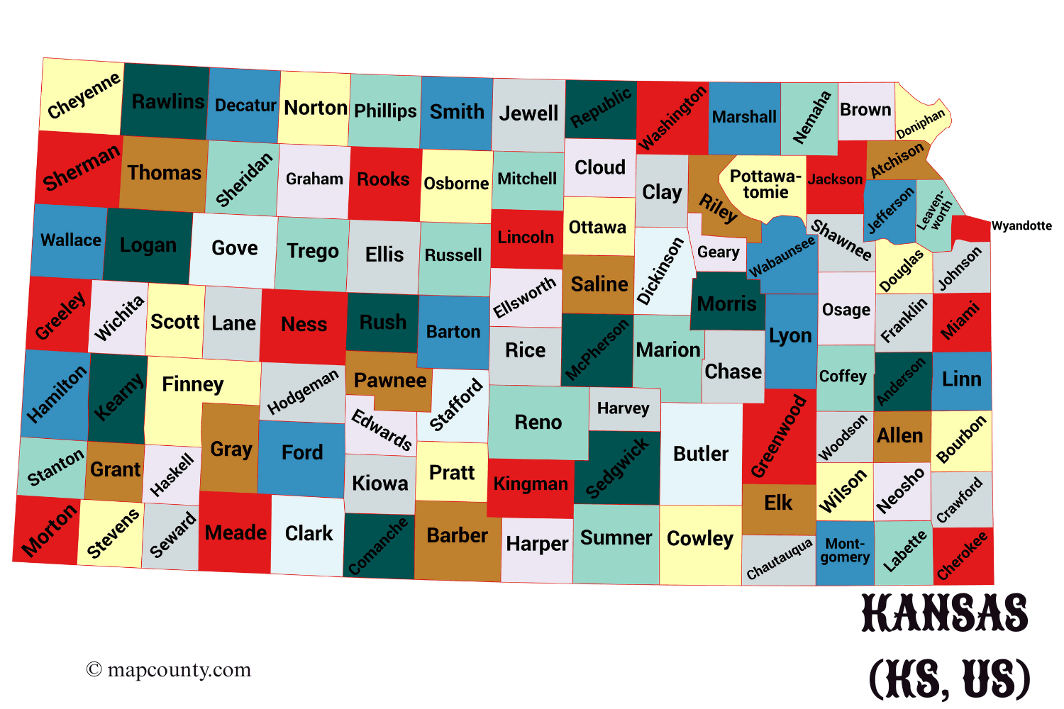 Kansas County Map with Cities and Towns [KS, US]